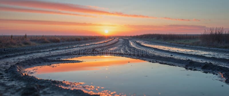 Sunset Landscape Mud Track Path Puddle Reflection Stock Image - Image ...