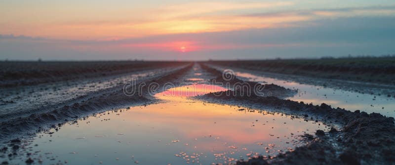 Sunset Landscape Mud Track Path Puddle Reflection. Stock Image - Image ...