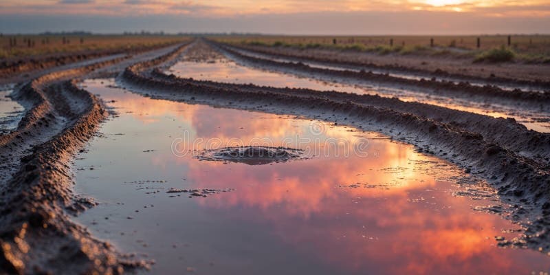 Sunset Landscape Mud Track Path Puddle Reflection. Stock Image - Image ...