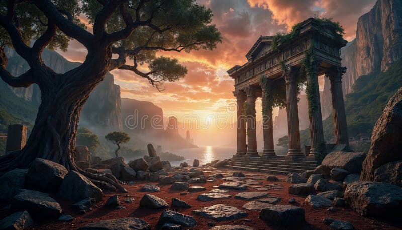 Sunset over ancient ruins stock illustration. Illustration of dramatic ...