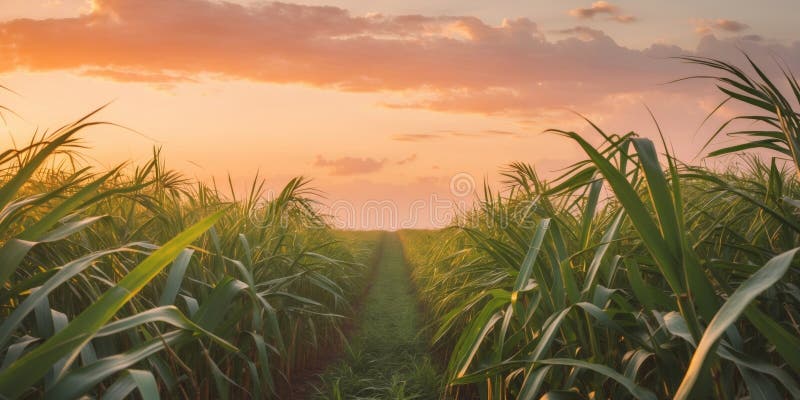 Sunset in Sugarcane Fields with Lush Green Crops Stock Image - Image of ...
