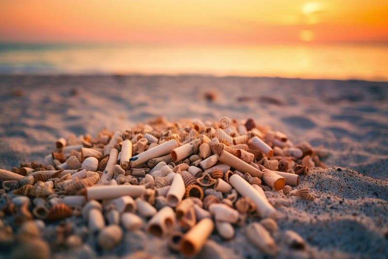 AI Generated Sunset View of a Sandy Beach with a Pile of Shells Stock ...