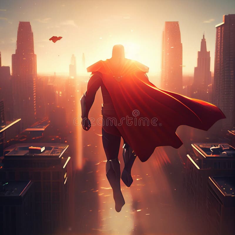 Superhero Above the Clouds, Made with Generative AI Stock Illustration ...