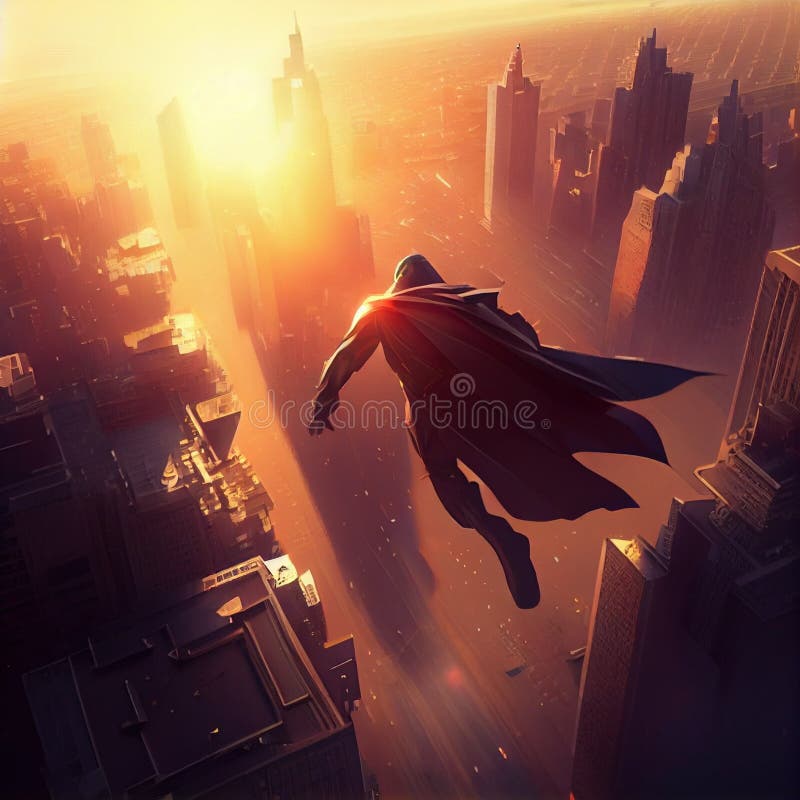 Superhero Above the Clouds, Made with Generative AI Stock Illustration ...