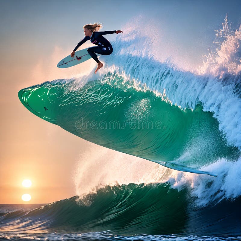 AI Generated Surfer on a Huge Wave Stock Illustration - Illustration of ...