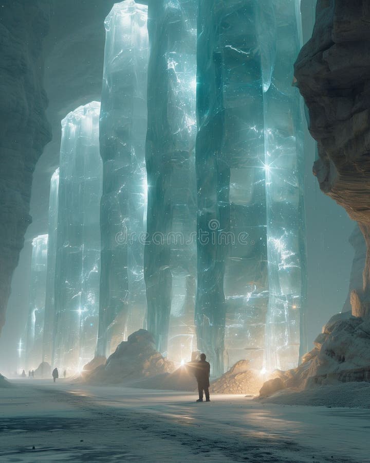 Surreal Ice Cave with Towering Ice Columns Stock Illustration ...