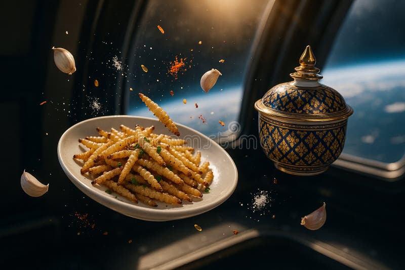 AI Generated Surreal Image of Fried Bamboo Worms with Thai Ceramic Container and Spices Floating ...