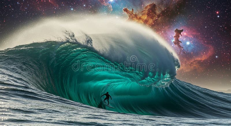 Surreal Image of a Surfer Riding a Massive Wave with a Cosmic Galaxy ...