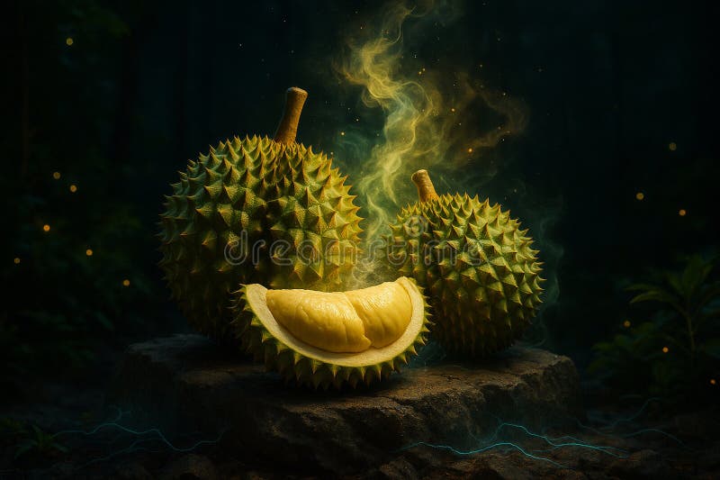 Mystical Durian Fruits on Stone at Night Stock Illustration ...