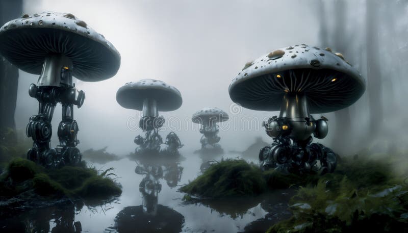 AI Generated Swamp with Robotic Mushrooms Stock Illustration ...