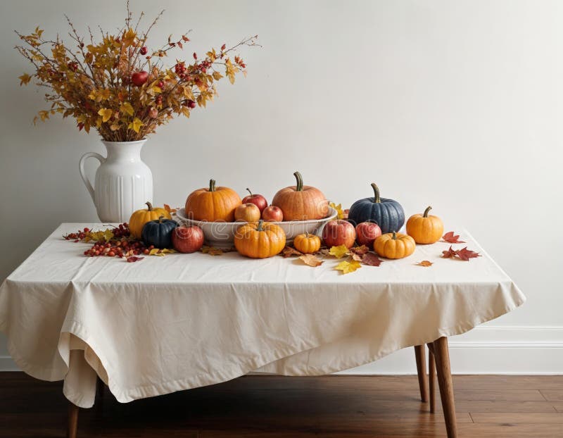 A Table with Pumpkins and Fall Leaves with a Vase of Fall Decoration ...