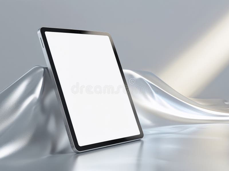 Tablet Mockup on Futuristic Silver Surface with Blank White Screen ...