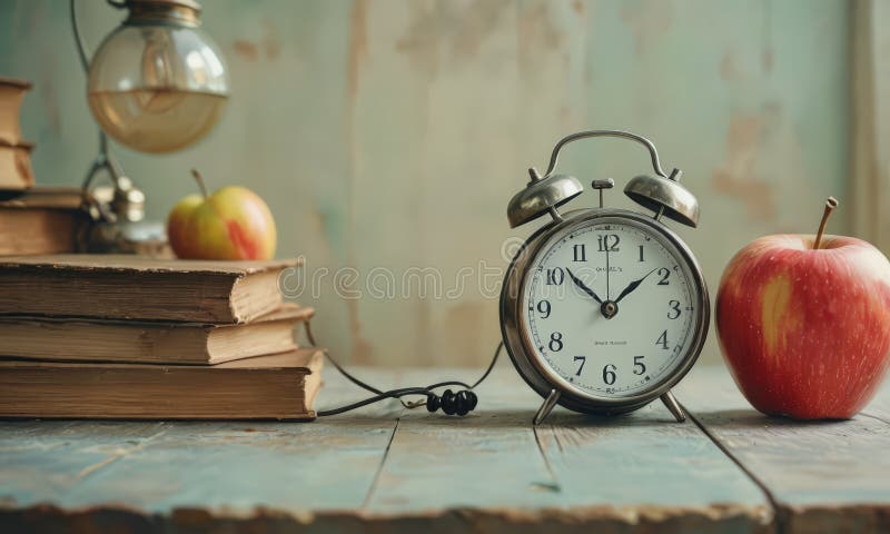 Apple and clock on table stock illustration. Illustration of aromatic ...