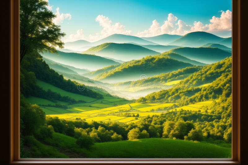 Window View Valley with Mountains Stock Illustration - Illustration of ...