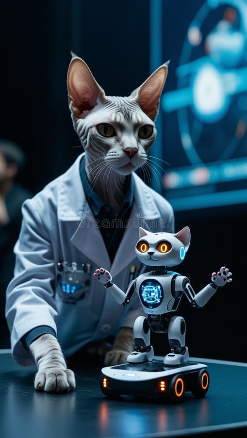AI-Generated Tech Genius Cat Presenting Its Creation on a High-Tech ...