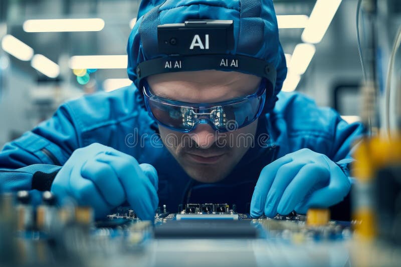 AI Technician Working on Electronic Circuit Board, High Tech Laboratory ...