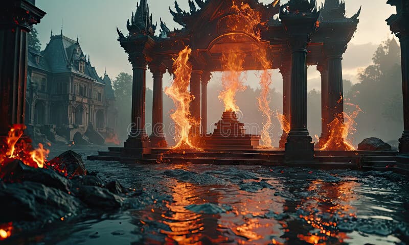 A Fire is Burning in a Temple in a Foreign Country. Stock Illustration ...