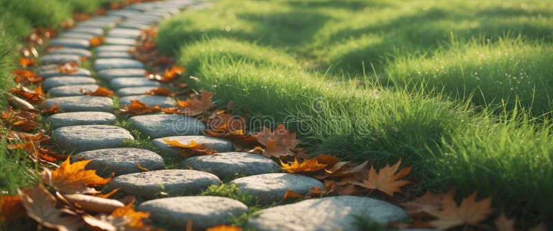 Textured Cobblestone Pathway with Fallen Leaves Surrounded by Lush ...