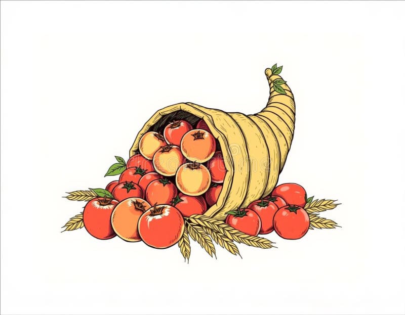 A Thanksgiving Hand Drawn Cornucopia Basket Full of Apples and Grains ...