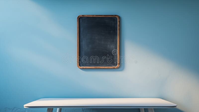 There is a Blackboard on a Table with a Blue Wall Stock Image - Image ...
