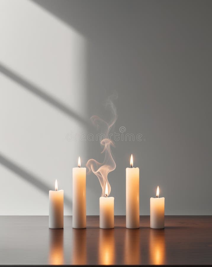 There are Five Candles that are Lit in a Row on a Table Stock Photo ...