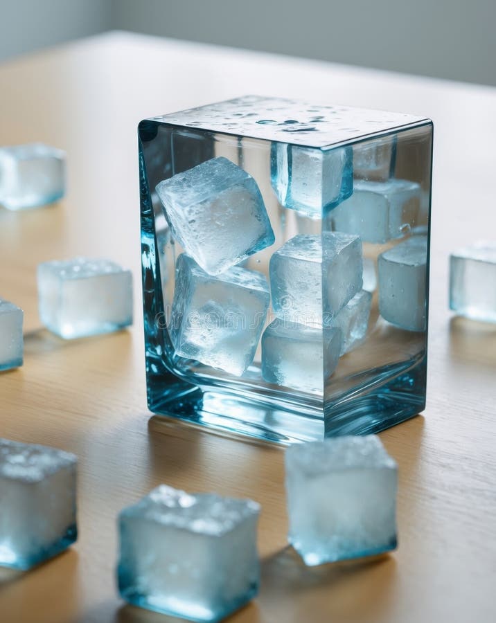 There is a Glass Block with Ice Cubes on a Table Stock Image - Image of ...
