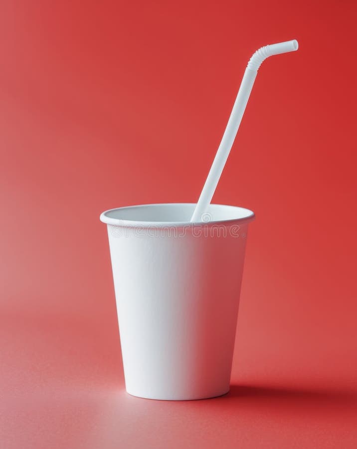 There is a Paper Cup with a Straw in it on a Red Surface Stock Image ...