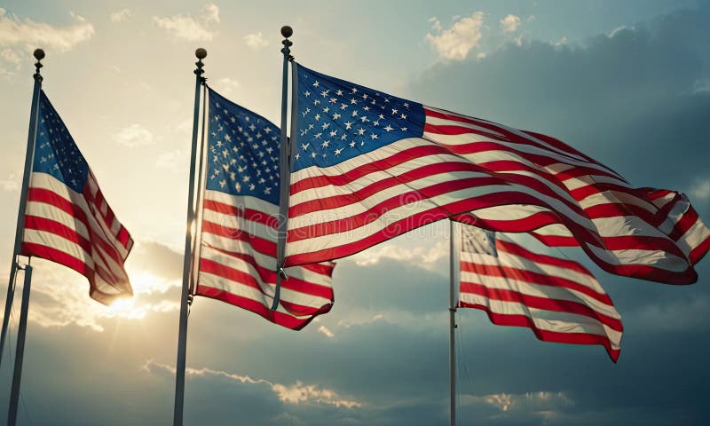 Three American Flags are Waving in the Wind. Stock Illustration ...