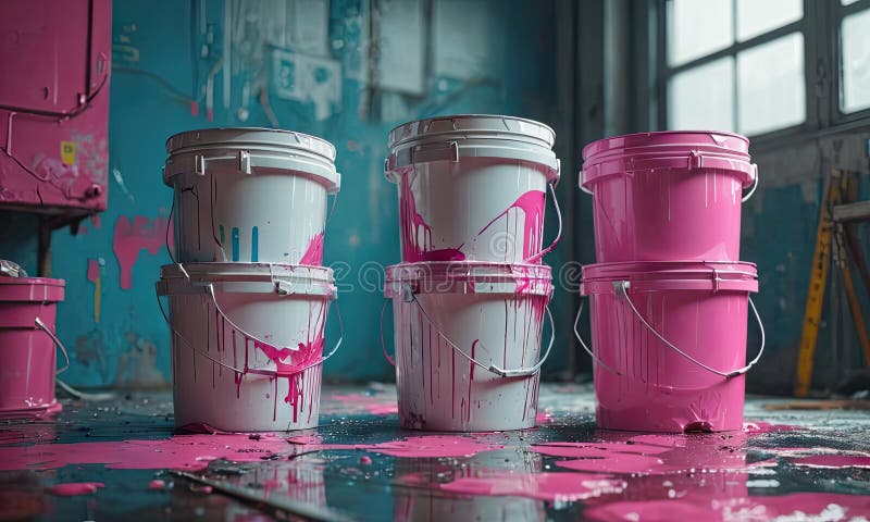 A Few Buckets of Paint are Sitting on the Floor in a Room. Stock ...