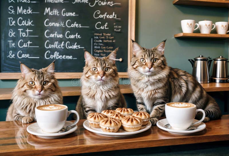 Three Cats Sitting on a Table with Coffee Cups Stock Illustration ...