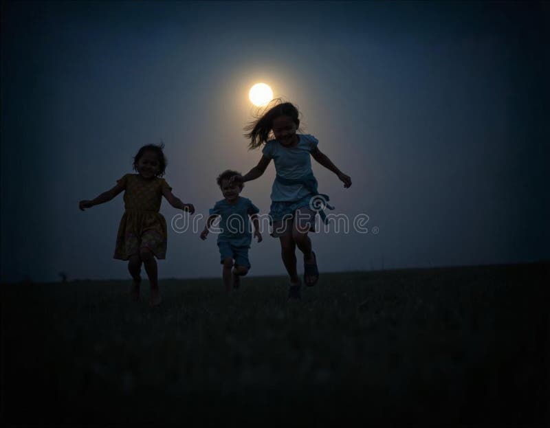 Three Children Run and Playing in the Open Field at Night with Full ...