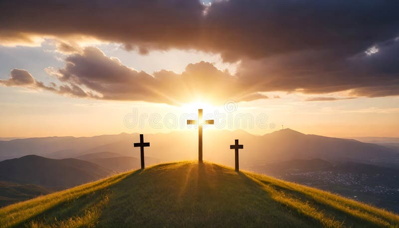 Three Crosses on a Hill with the Sun Setting Behind Them Stock ...