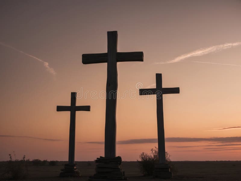 Three Crosses are Standing in a Field at Sunset. Stock Image - Image of ...