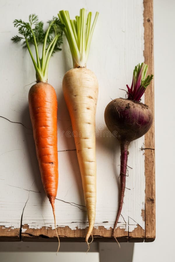 Three Different Root Vegetables on a Rustic Wooden Table. Stock ...