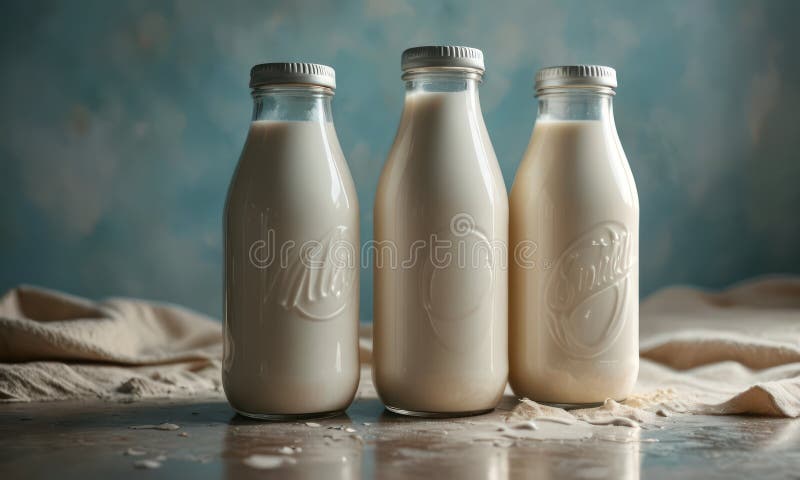 Three Glass Bottles of Milk are Lined Up on a Table. Stock Illustration ...