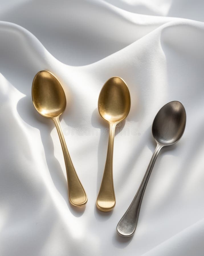 Three Gold Spoons and a Spoon Spoon on a White Surface Stock Image ...