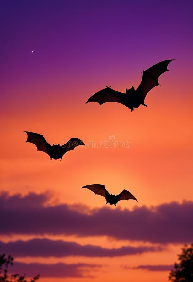 Three Halloween Bats Flying in the Sky at Sunset Stock Illustration ...