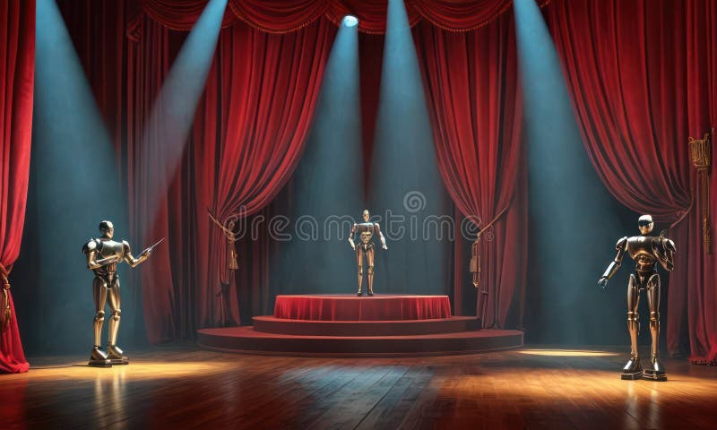 Three Robot Actors are Standing on a Stage with Red Curtains in the ...