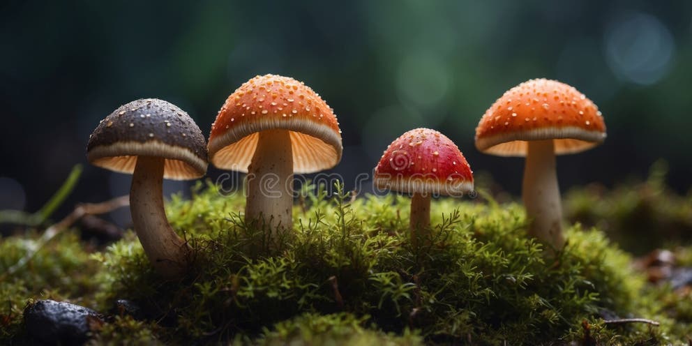 Three Mushrooms are Growing in a Patch of Moss. Stock Image - Image of ...