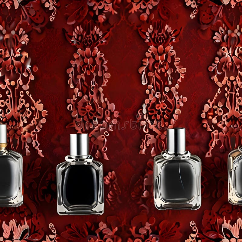 Three Varied Perfume Bottles Against an Ornate Red Wallpaper Stock ...