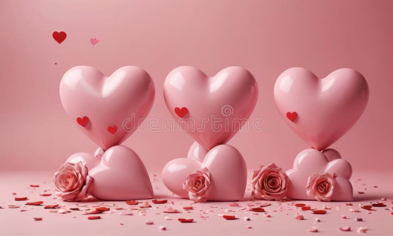 Three Pink Hearts are on the Ground, Surrounded by Pink Balloons. Stock ...