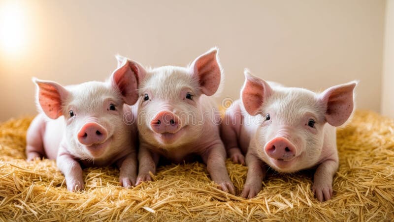 Three Playful Piglets Resting Together in a Cozy Straw Bed with Warm ...
