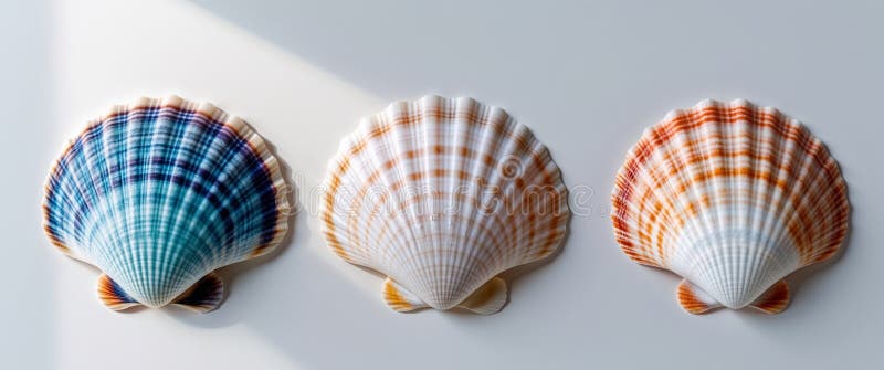 Three Scallop Shells Displaying Diverse Color Variations Stock Photo ...