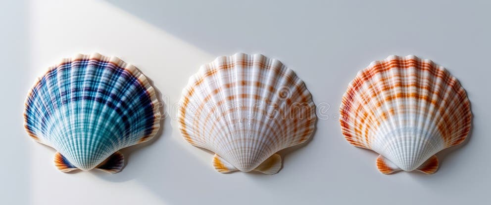 Three Scallop Shells Displaying Diverse Color Variations Stock Photo ...