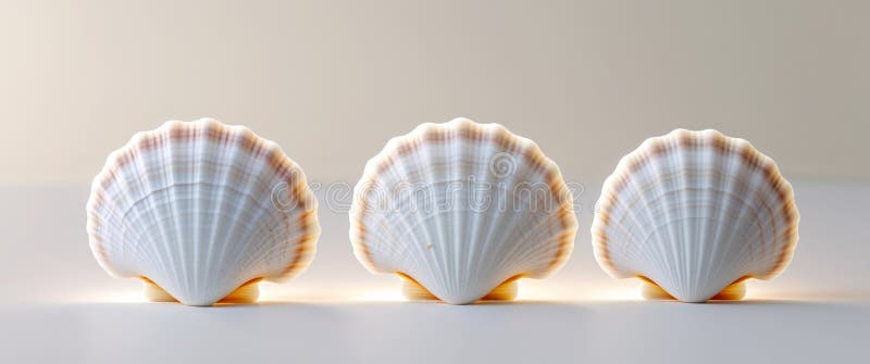 Three Scallops Shells Displayed in a Row Stock Photo - Image of glass ...