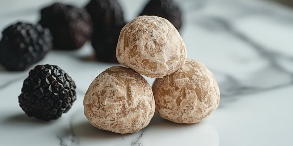 Three Truffles in Different Colors Aligned on White Rustic Ceramic ...