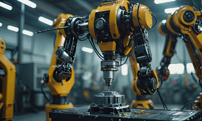 A Robot is in the Process of Drilling a Hole in a Metal Plate. Stock ...