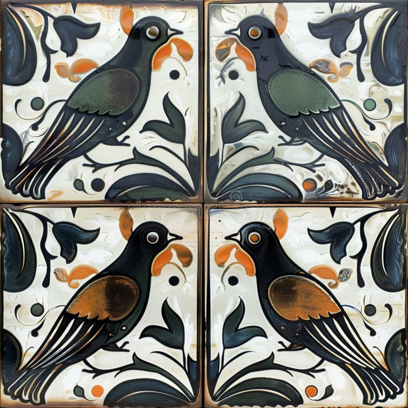 Ai Generated Tile Pattern with Birds and Flowers Stock Illustration ...