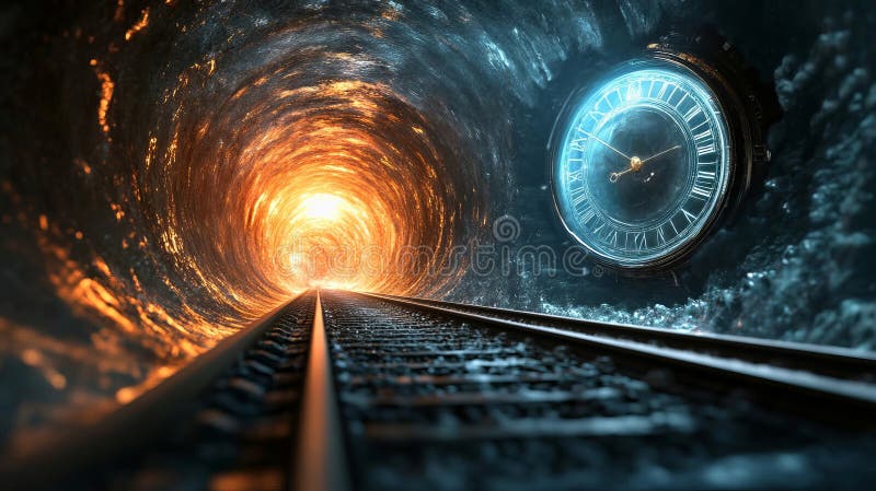 AI Generated. Time Tunnel with Train Tracks and Glowing Clock ...