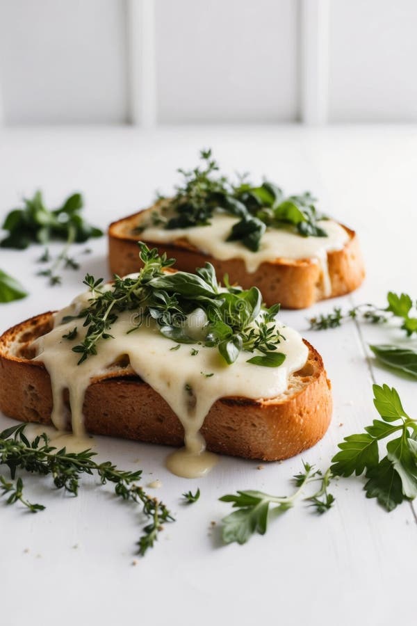 Toasted Bread with Melted Cheese and Fresh Herbs. Stock Photo - Image ...
